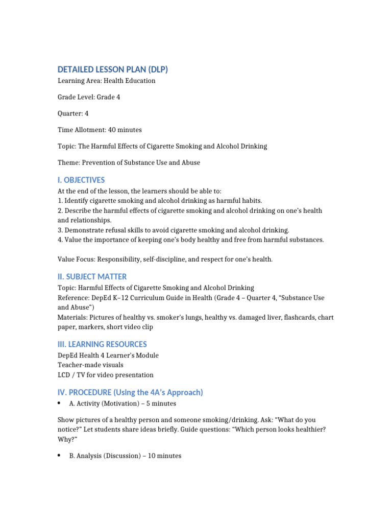 Detailed Lesson Plan Health4 Substance Use Abuse Alcohol | PDF ...