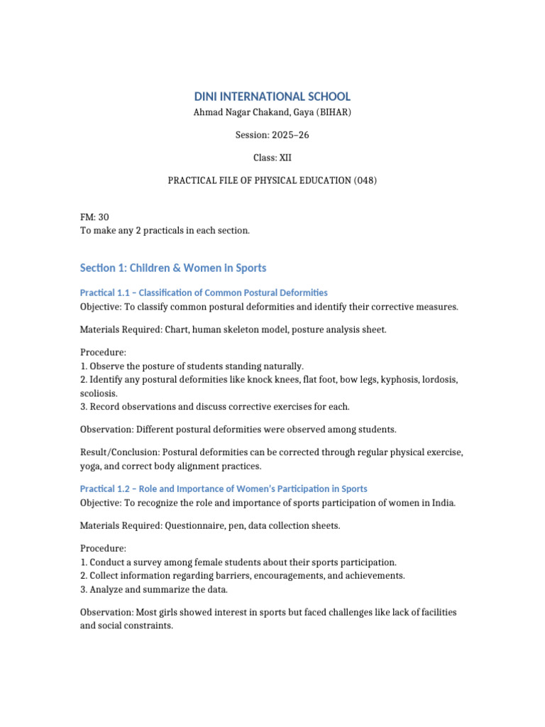 Class 12 Physical Education Practical File | PDF | Asana | Relaxation ...