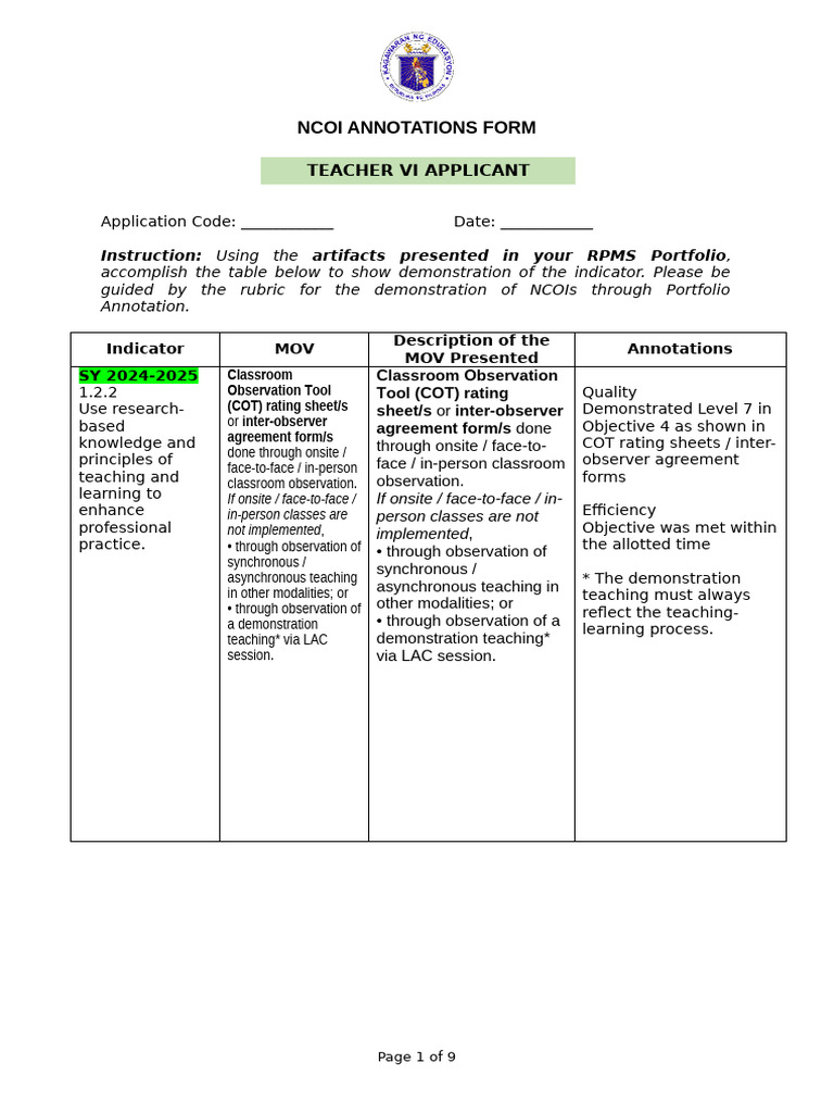 NCOI Annotations for Teacher VI Application | PDF | Annotation | Lesson ...