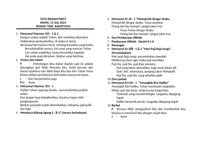 Liturgi Ibadah PWGT Kamis, 13 Juli 2023 | PDF