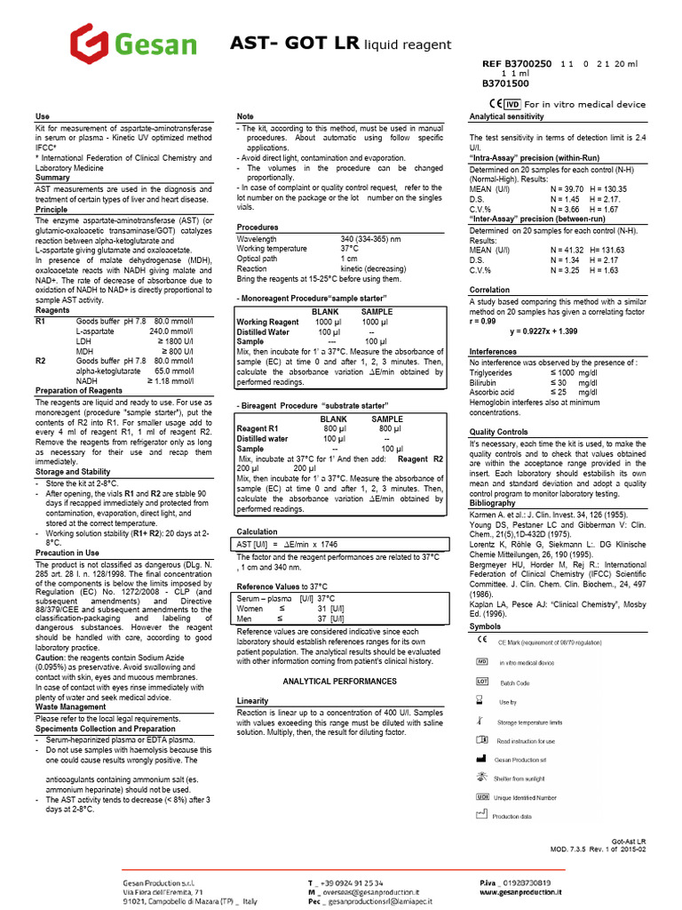 AST GOT LR Liquid Reagent Kit | PDF | Chemistry