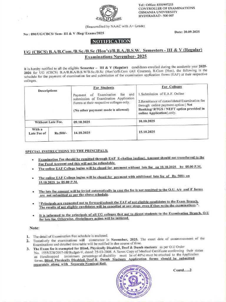 Exam Fee Notification III & V Sem Nov 2025 | PDF