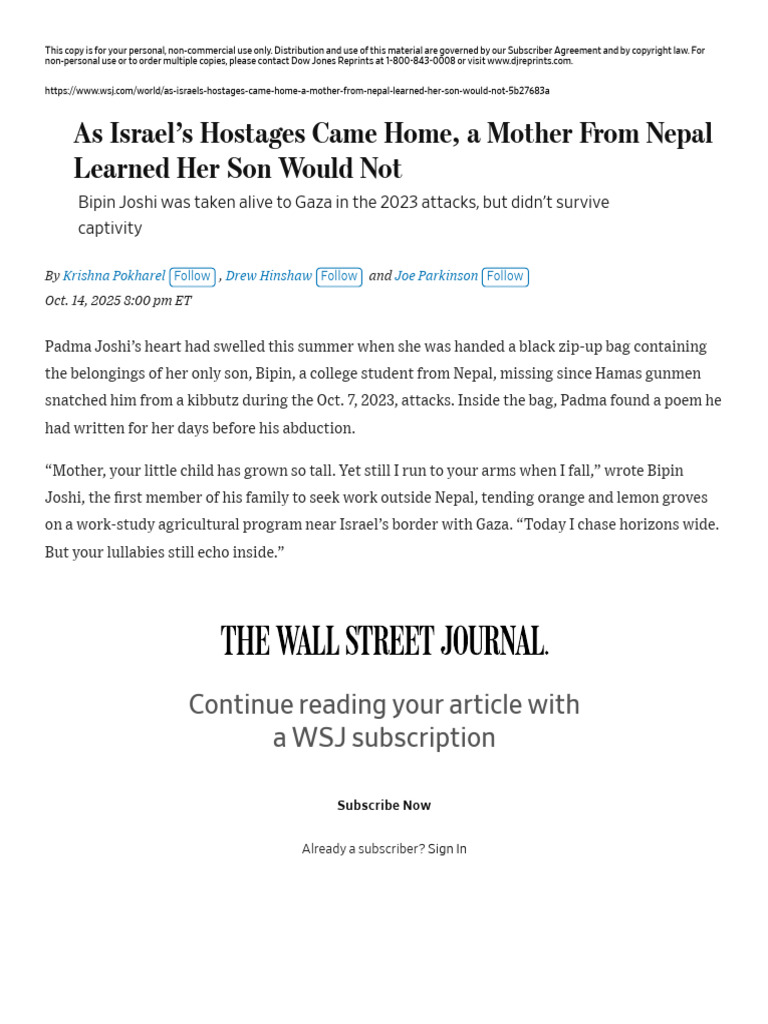 As Israel's Hostages Came Home, Bipin Joshi's Mother From Nepal Learned Her Son Would Not - WSJ ...