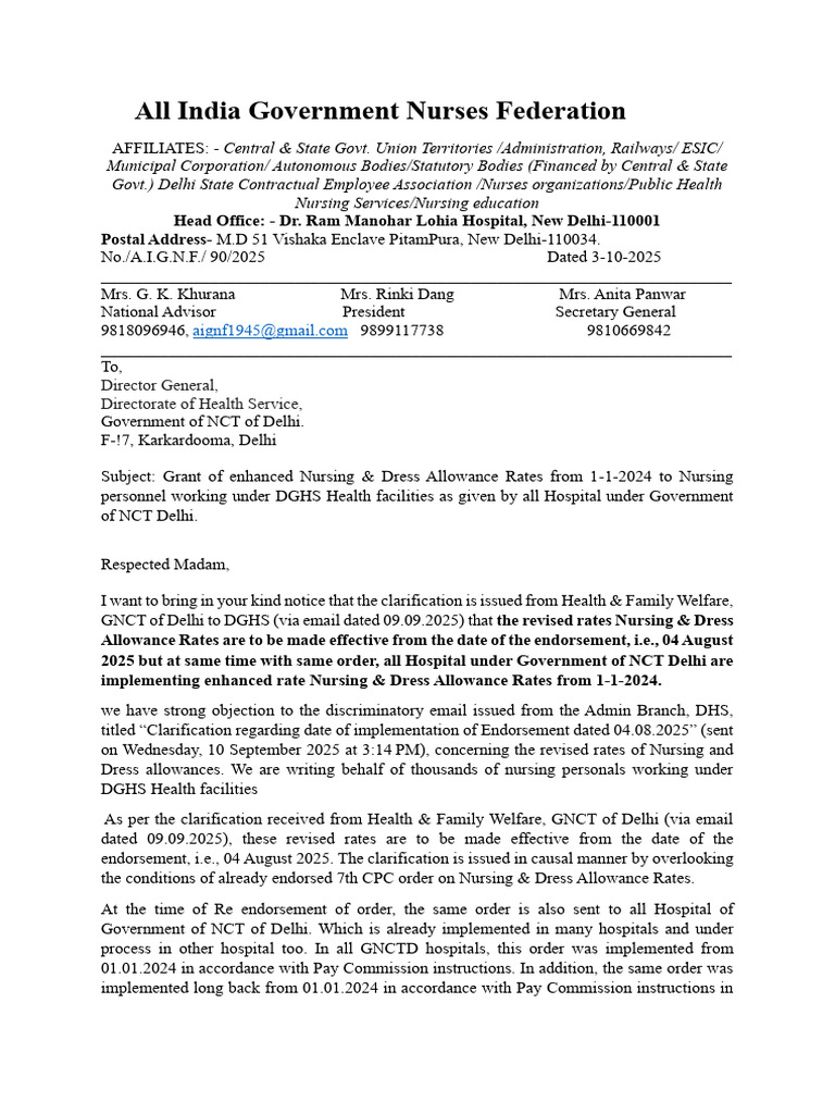 DG, Grant of Enhanced Nursing & Dress Allowance Rates | PDF