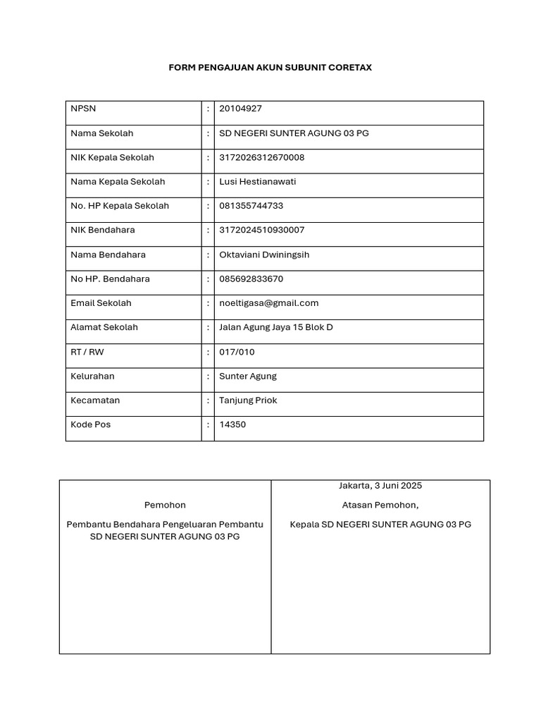 Form Pengajuan Akun Subunit (Coretax) | PDF