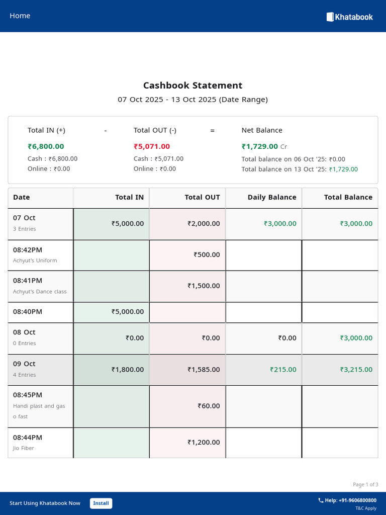 Cashbook Statement: Oct 7-13, 2025 | PDF