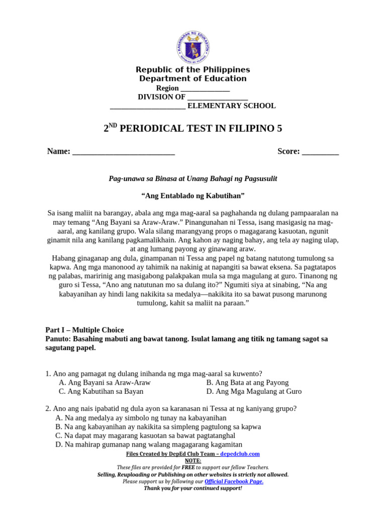 DTC - PT - q2 Filipino 5 Matatag With Tos Key | PDF