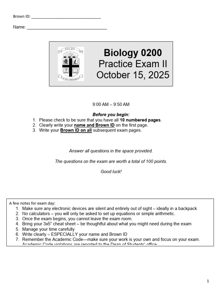 Biology Practice Fall 2025 | PDF | Endoplasmic Reticulum | Cell (Biology)