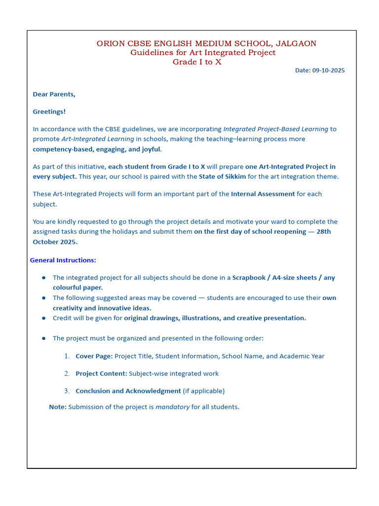 Art Integrated Project Guidelines for CBSE | PDF