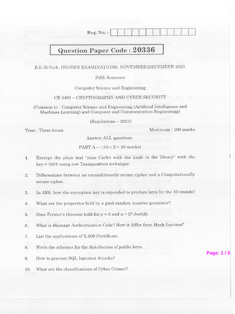 Cryptography and Cyber Security - CB3491 2021 Regulation - Question Paper 2023 Nov Dec | PDF