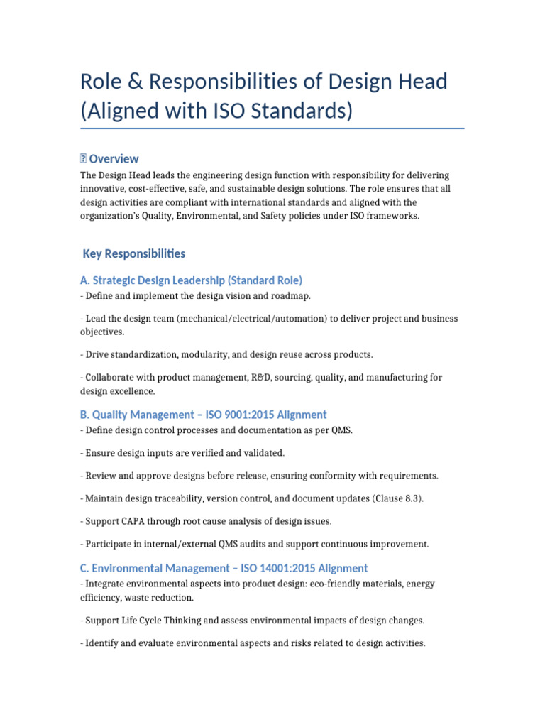 Design Head Role & ISO Compliance | PDF | Quality Management System ...