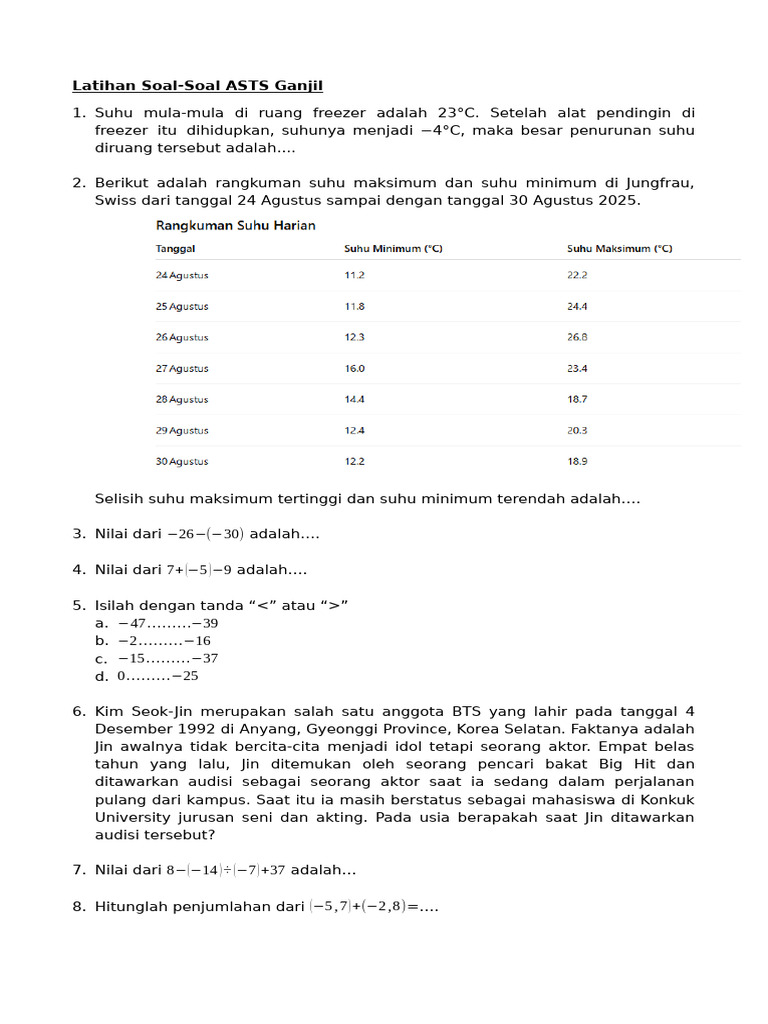 Latihan Soal ASTS Ganjil Matematika | PDF