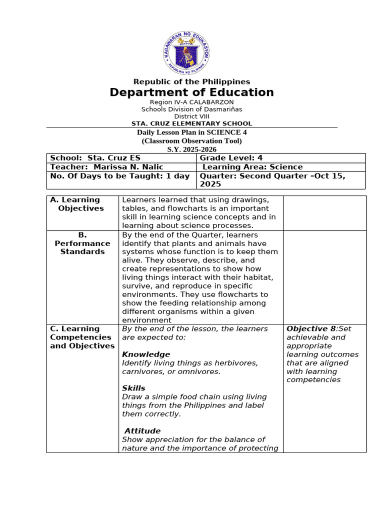 Daily Science Lesson Plan for Grade 4 | PDF | Educational Assessment ...