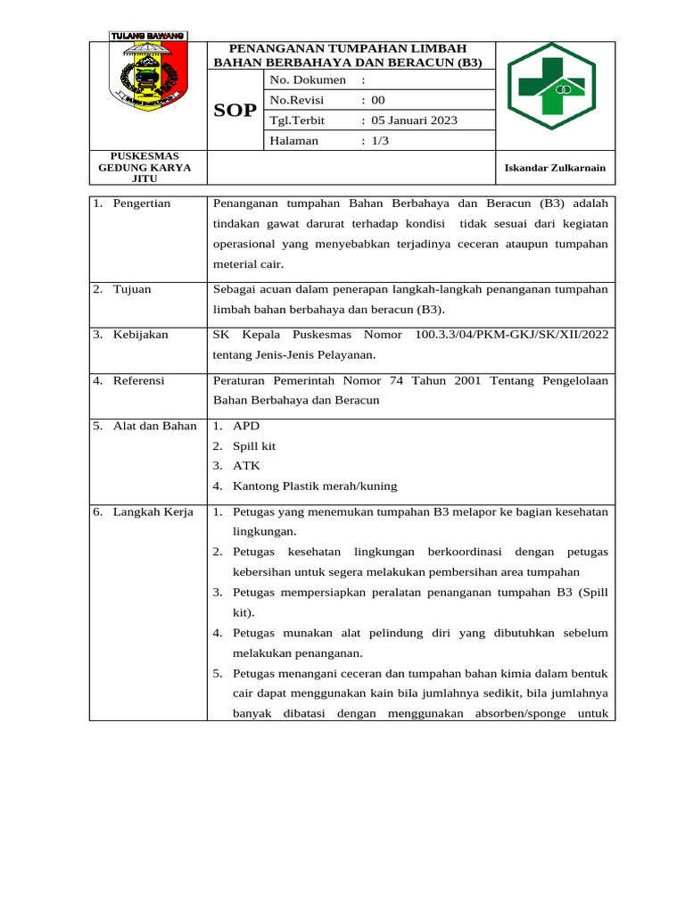 Sop Penanganan Tumpahan B3 | PDF