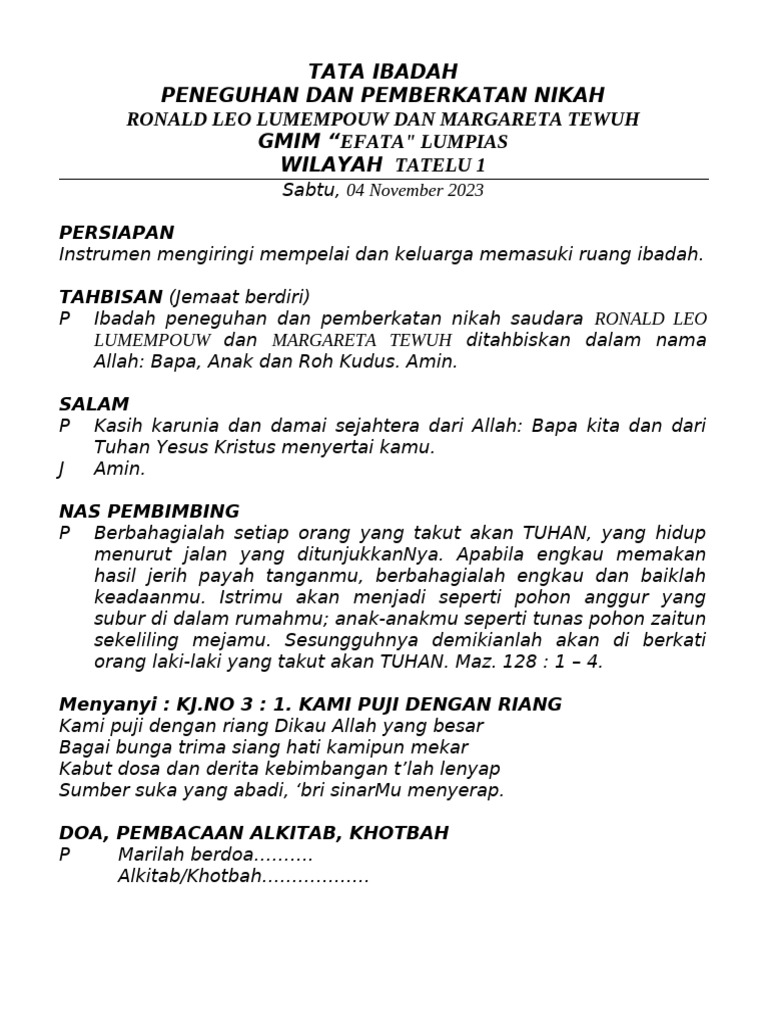 Pemberkatan Nikah Ronald dan Margareta | PDF