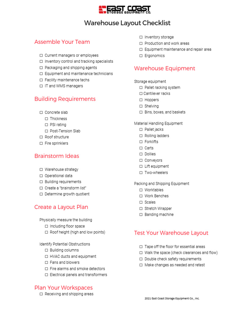 Warehouse Layout Checklist | PDF | Warehouse