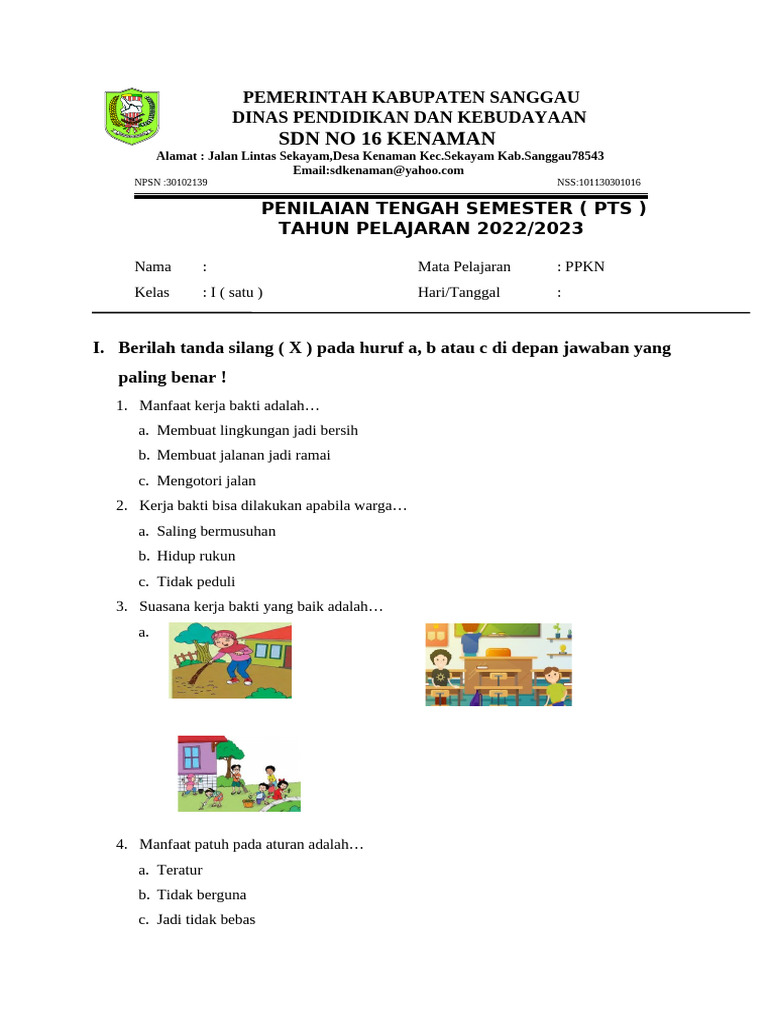 Soal Pts Ppkn Kelas 1 Semester 2 | PDF