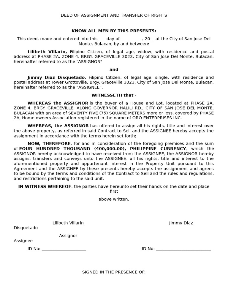 Deed of Assignment of Property Rights | PDF | Assignment (Law ...