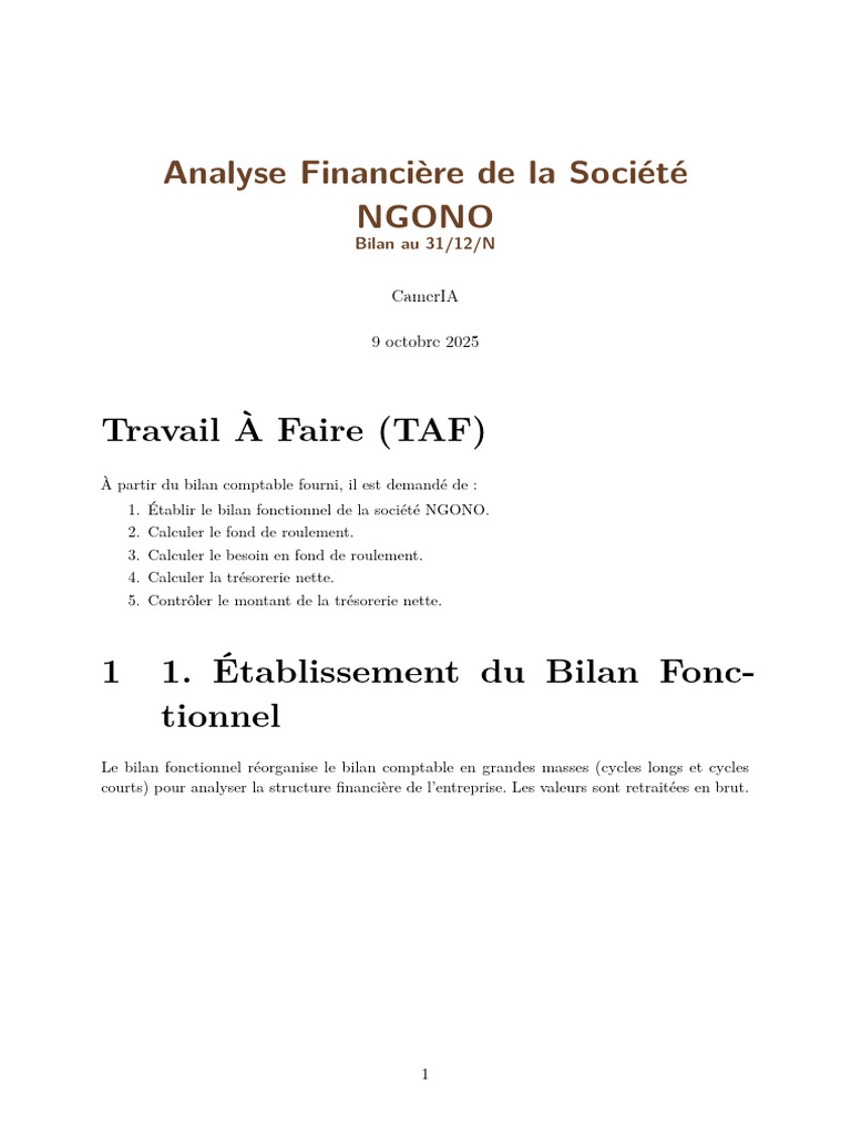 Bilan Fonctionnel de la Société NGONO | PDF | Fonds de roulement ...