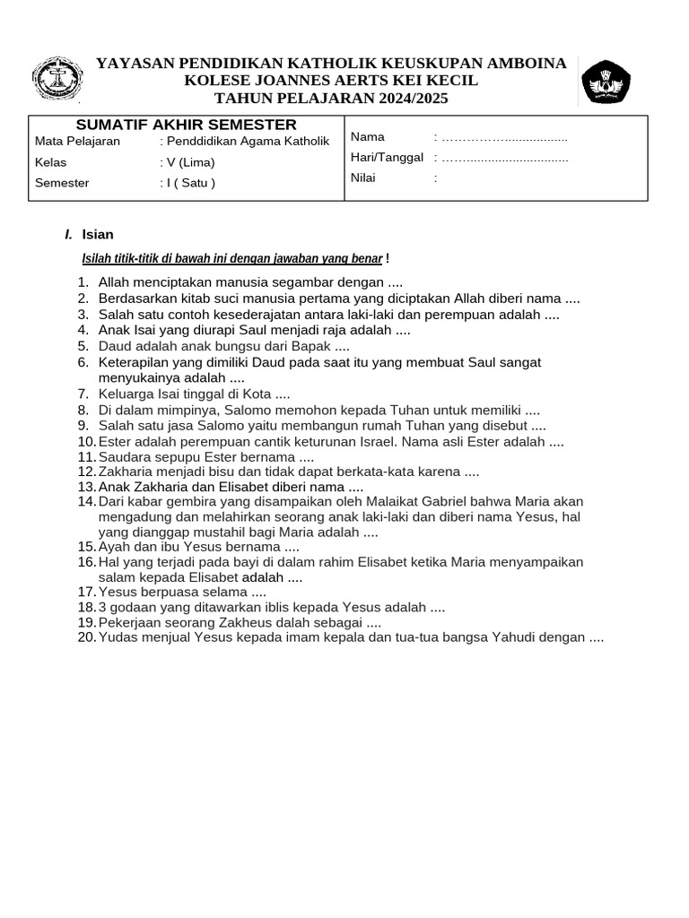 Soal SAS Pend. Agama Katholik | PDF