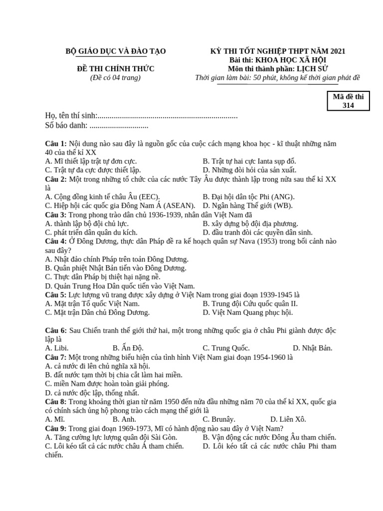 Hoctai - VN - Ma de 314-De Thi Chinh Thuc THPT 2021 - Mon Lich Su | PDF