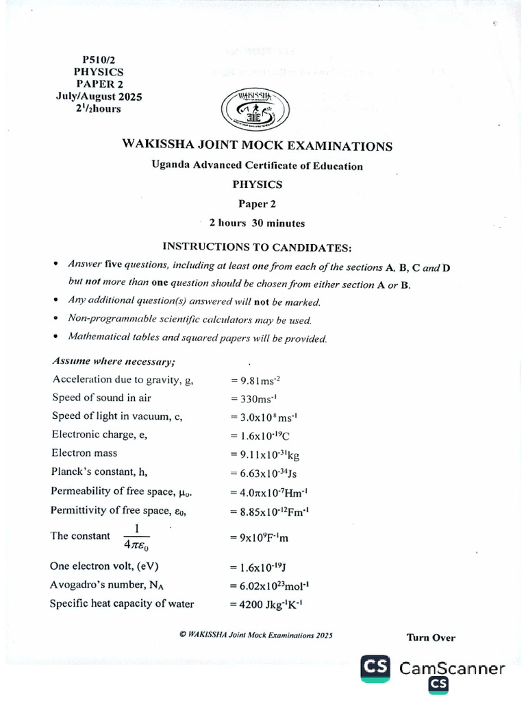 Phy 2 Wakisha 2025 A'level | PDF