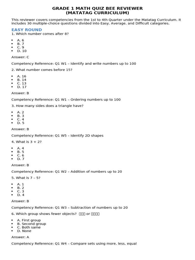 Grade 1 Math QuizBee Reviewer MATATAG | PDF | Mathematics