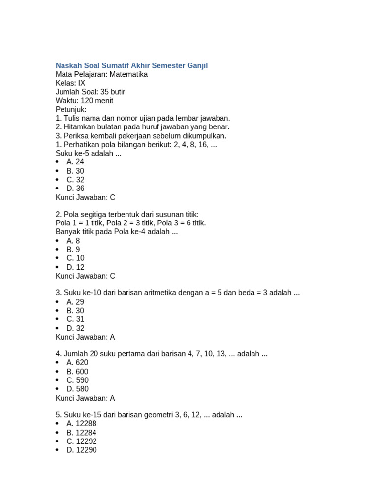 Soal Matematika Kelas 9 SAS Ganjil Lengkap | PDF