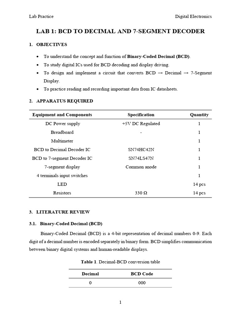 Lab 1-BCD To Decimal and 7-Segment | PDF | Binary Coded Decimal | Digital Electronics