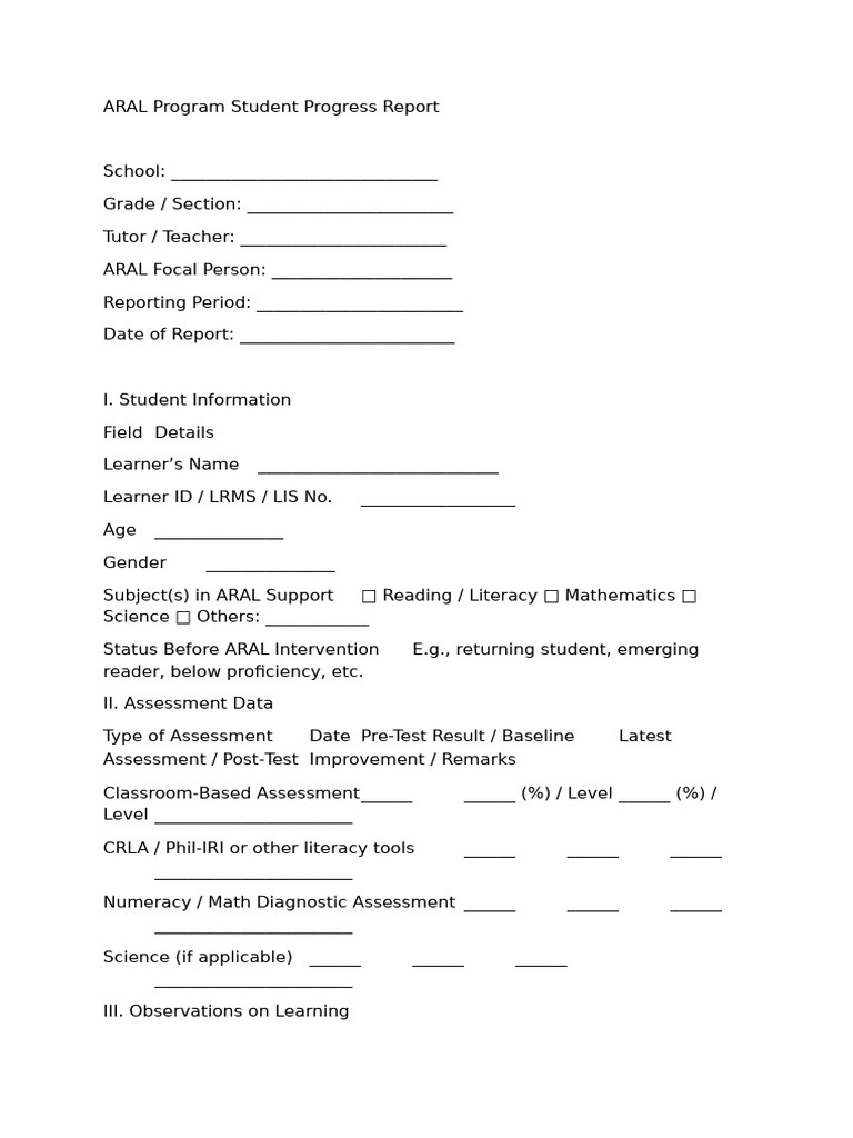 ARAL Program Student Progress Report | PDF | Learning | Teachers