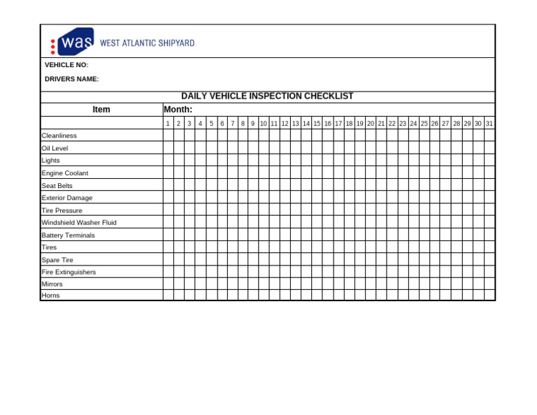 Daily Vehicle Inspection Checklist WAS-QMS-DI-012-J | PDF