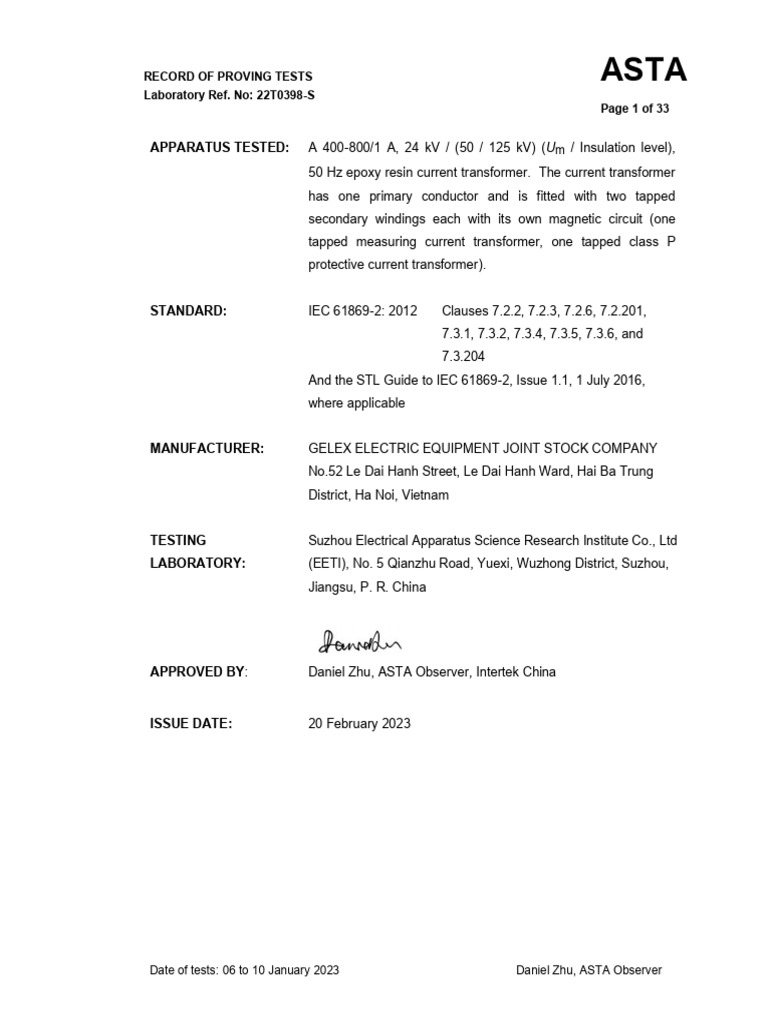 ASTA Type Test Report For Current Transformer | PDF | Transformer ...