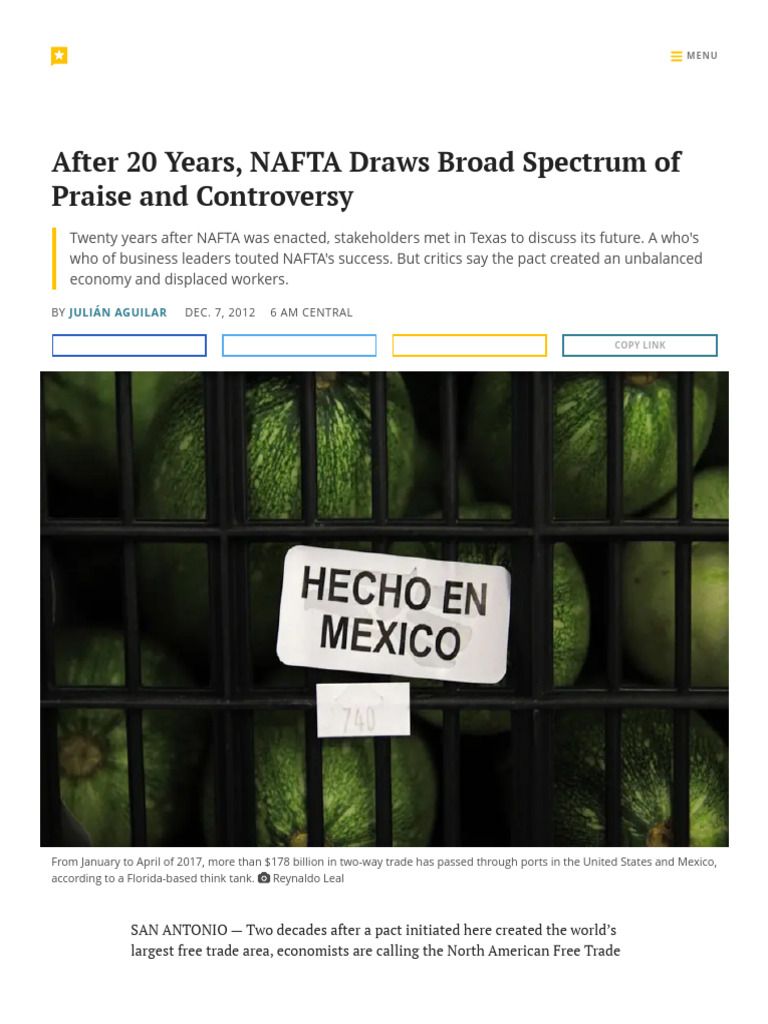 After 20 Years, NAFTA Draws Praise and Controversy | PDF | North ...