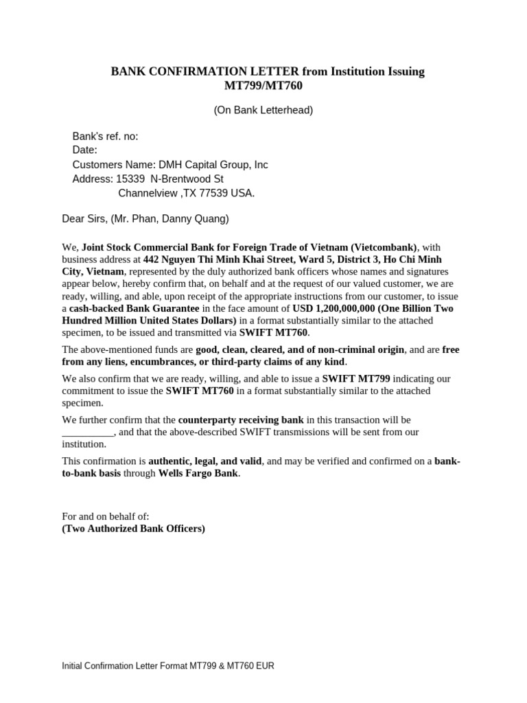 Bank Confirmation Letter MT799/MT760 | PDF | Business | Financial Services