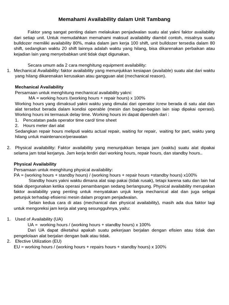 Rumus Physical Availability Alat Tambang | PDF