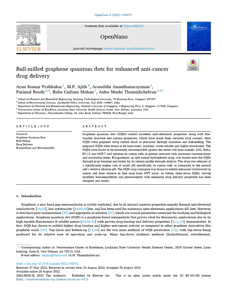 Ball Milled Graphene Quantum Dots For Enhanced Anti Cancer Drug 2022 ...