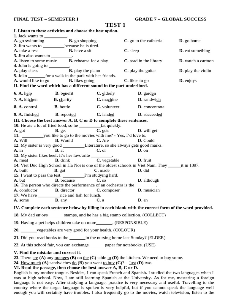 Grade 7 Global Success Final Test | PDF | Vocabulary | Second Language