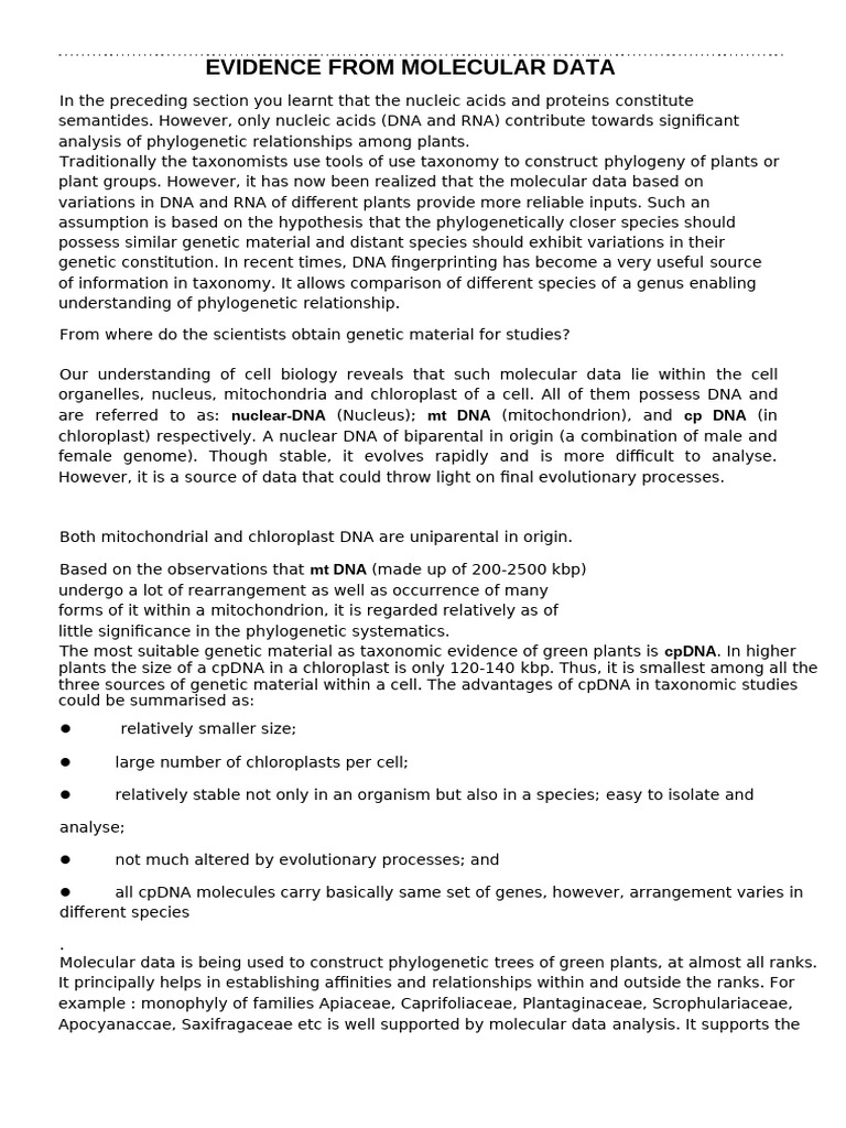 Molecular Evidence in Plant Taxonomy | PDF | Dna | Molecular Phylogenetics