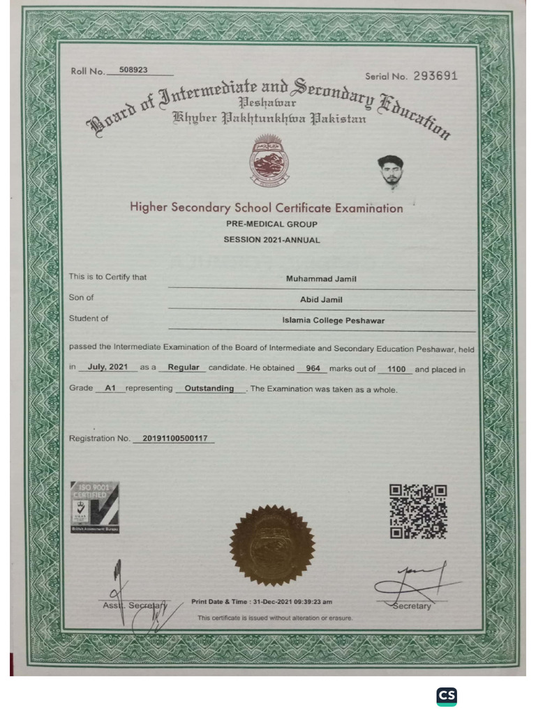 HSSC Certificate & Marks Sheet | PDF