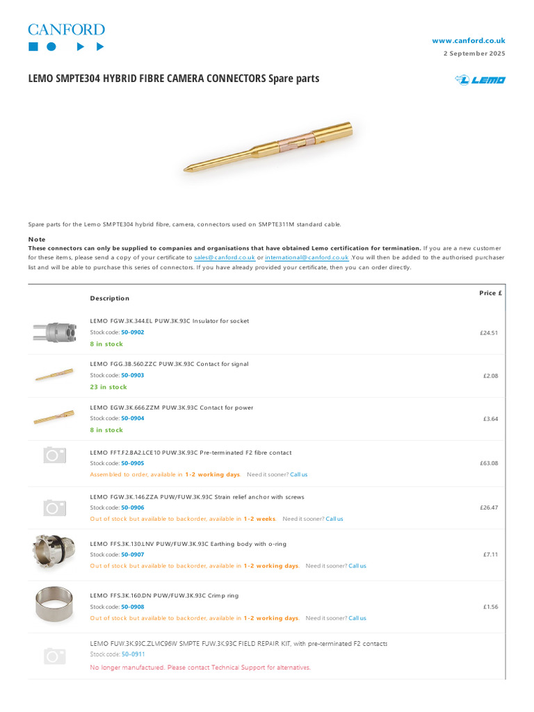 Lemo Smpte304 Hybrid Fibre Camera Connectors Spare Parts | PDF ...