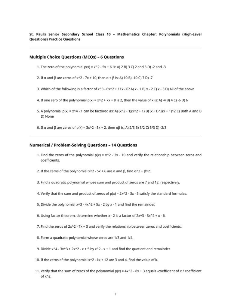 Polynomials Chapter Worksheet | PDF