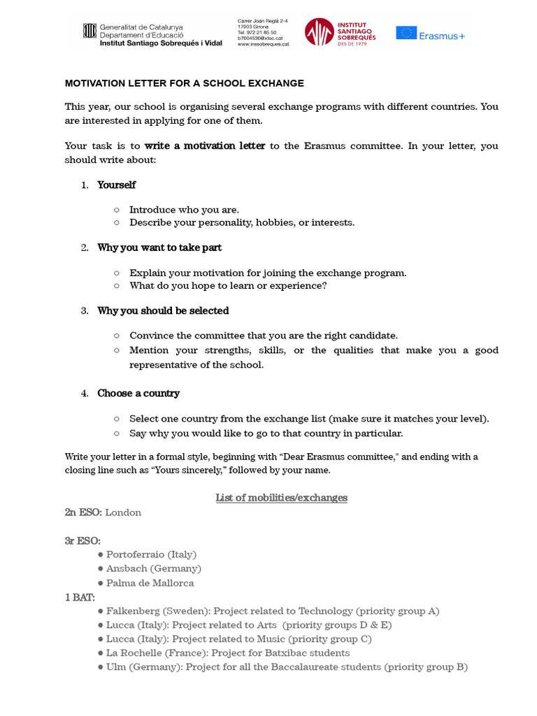 School Exchange Motivation Letter Guide | PDF