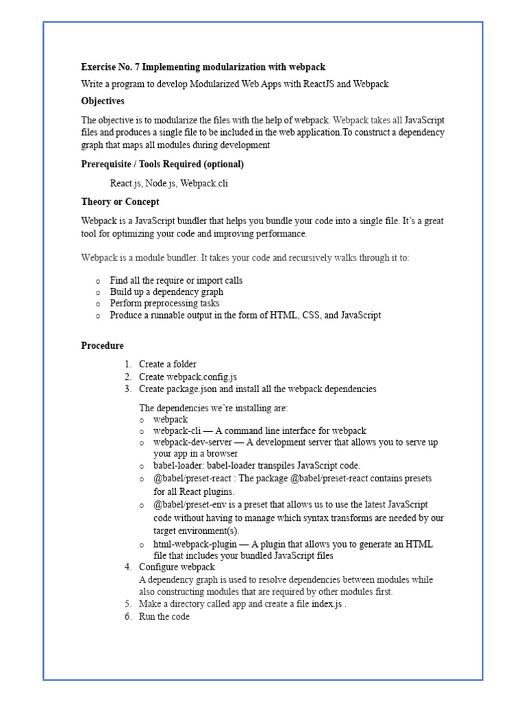 Ex 07 Implementing Modularization With Webpack | PDF | Java Script | Modular Programming