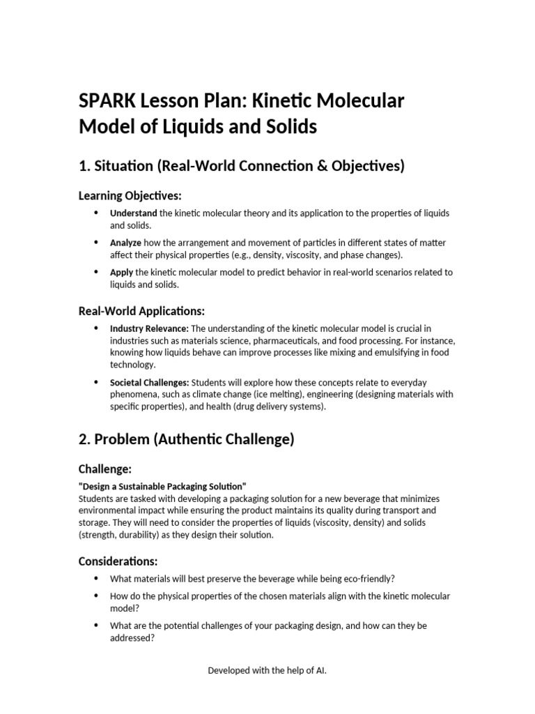 Kinetic Molecular Model Lesson Plan | PDF | Liquids | Solid