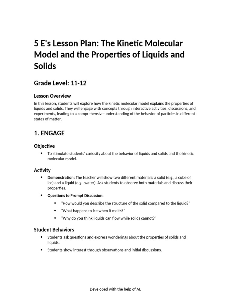 5 E's Lesson Plan On Kinetic Molecular Model of Liquids and Solids ...