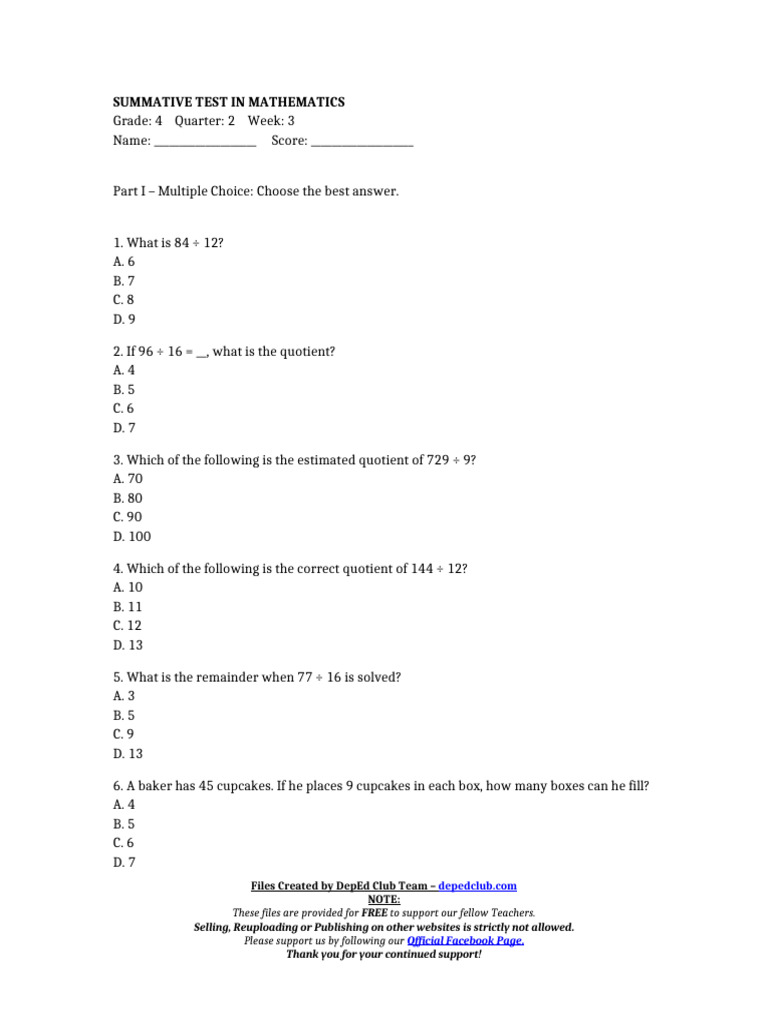 Grade 4 Math Summative Test Guide | PDF | Discrete Mathematics ...