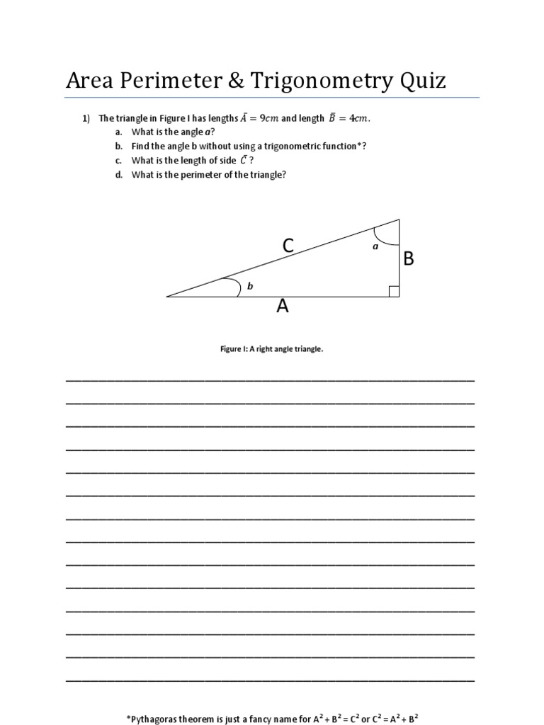Area Perimeter & Trigonometry Quiz: Figure I: A Right Angle Triangle | Download Free PDF ...