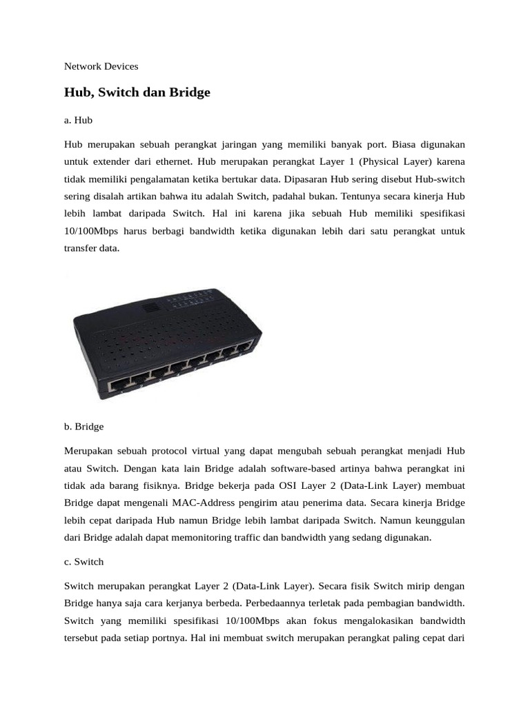 Perbandingan Hub, Bridge, dan Switch | PDF