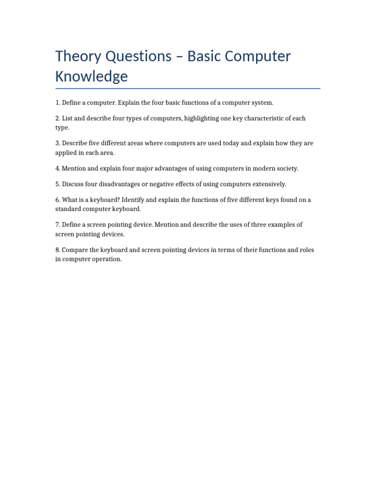 Theory Questions Basic Computer Knowledge | PDF