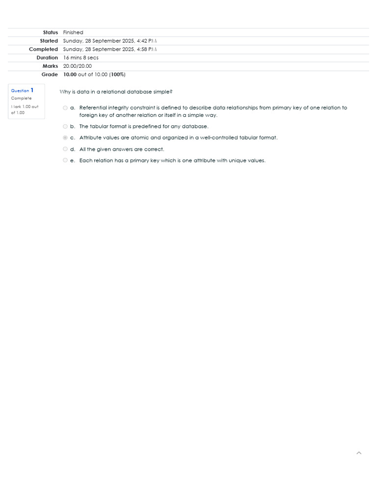 QUIZ 4 the Relational Data Model Logical Database Design Attempt Review BK LMS | PDF ...